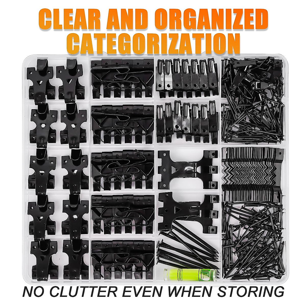 KURUI Picture Hangers, 385Pcs Picture Hanging Kit with Heavy Duty Picture Hanging Hooks, Sawtooth, Hardware Nails and Picture Hanging Tool, Wall Hangers for Frame, Painting, Art, Photo (Black)