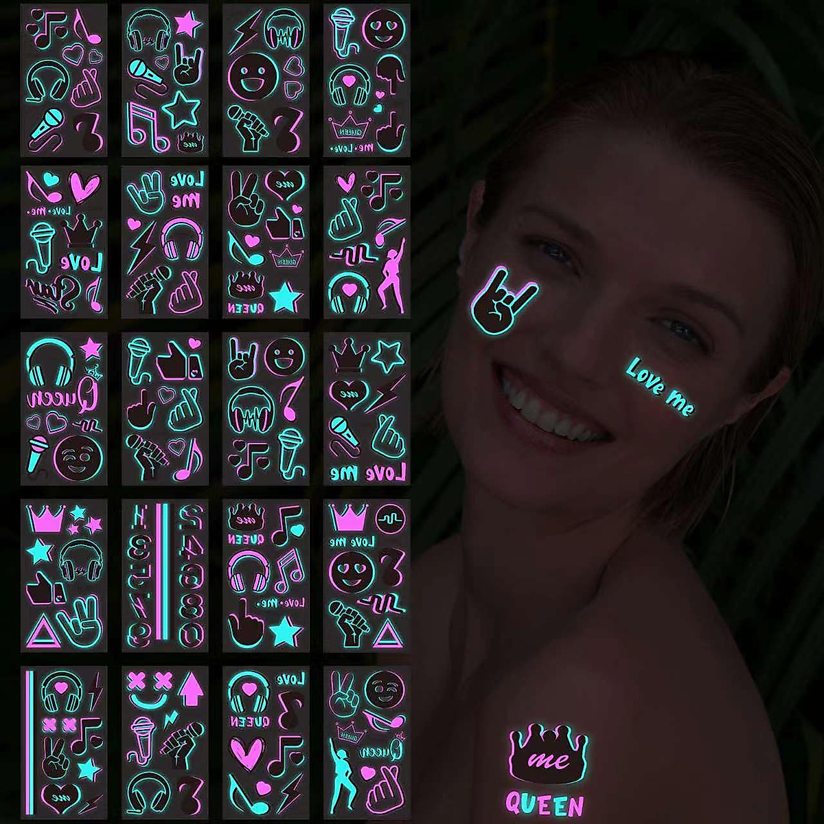 20-Sheet Glow in the Dark temporary tattoos 160+ Styles Adult Fluorescent UV Neon body glitter & Face Waterproof fake tattoo Stickers for Men & Women - Ideal for Rave, Festival Party Supplies
