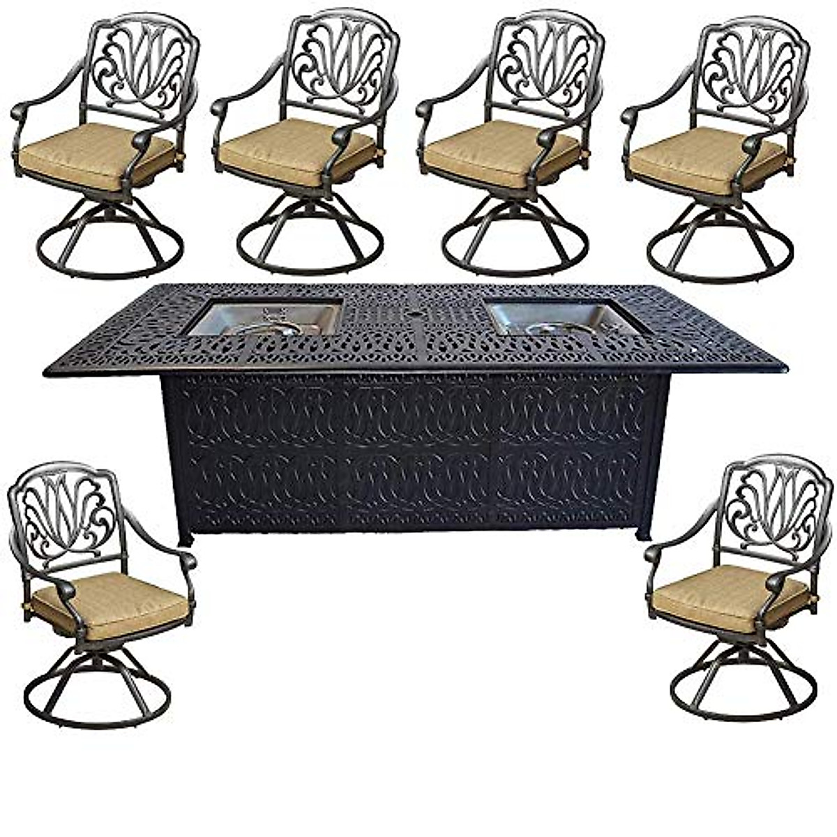 Sunvuepatio 7 Piece Outdoor Cast Aluminum Dining Set with Fire Pit Table All Swivel Rocker Chairs.
