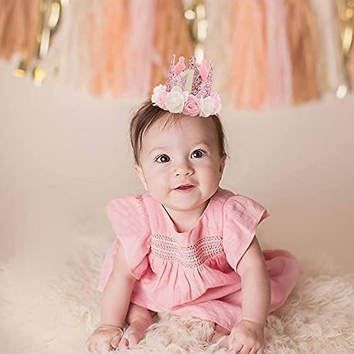Kbrand Hat First Birthday 1st For Baby Girl Decoration Gifts Rose Gold Baby Pink Party Crown One Year Old Flowers Princess Pink 3inch