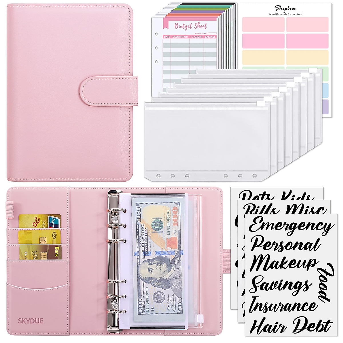 SKYDUE Budget Binder with Zipper Envelopes & Expense Budget Sheets,Money Binder with Cash Envelopes for Budgeting and Saving Money
