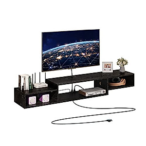 4 EVER WINNER Floating TV Stand Wall Mounted with Power Outlet, 59” Floating TV Shelf Wall Mounted Entertainment Center Modern Media Console with LED Lights, Floating Shelf for Under TV, Black