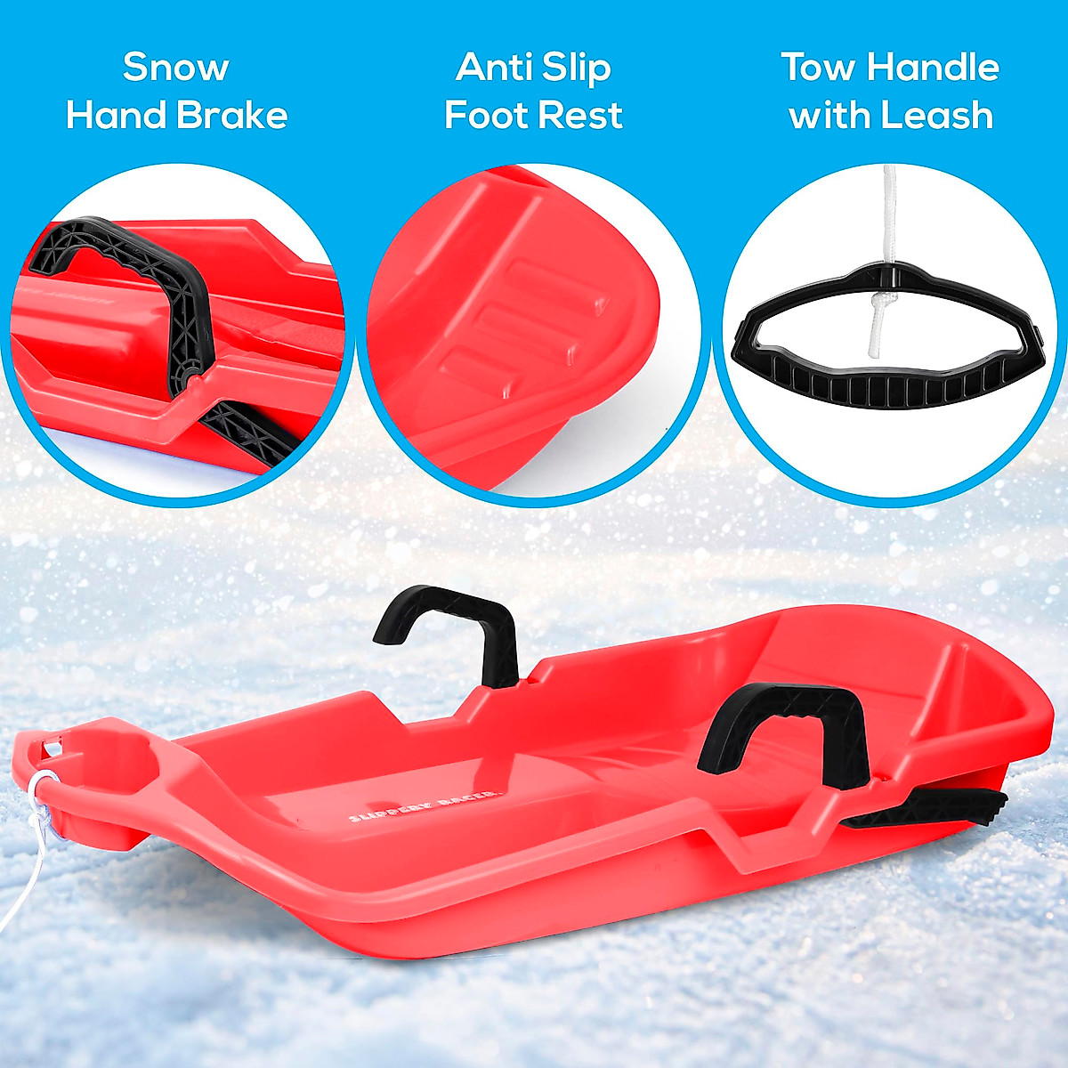 Slippery Racer Downhill Thunder Flexible Plastic Toboggan Snow Sled with Built in Brake System, Pull Rope, and Handle Grips, Red