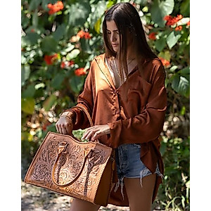 Mauzari Tooled Leather Shoulder Bag Tote for Women (Honey, Large)