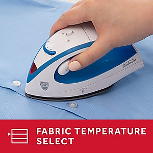 Sunbeam Hot-2-Trot Travel Steam Iron, 800 Watt Dual Voltage 120/240, Compact Size, Portable, Non-Stick Soleplate, Soft Touch Handle, Horizontal or Vertical Use, White and Blue