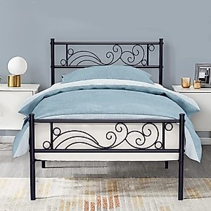 Weehom Metal Twin Bed Platform Frame Heavy Duty Steel Slat Under Bed Storage Bed Frame with Headboard, Black