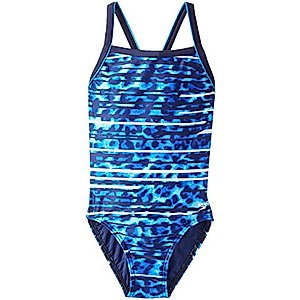 Speedo Girl's Swimsuit One Piece PowerFlex Flyback Striped Youth Team Colors - Manufacturer Discontinued