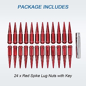 JDMSPEED New Wheel Spike Lug Nuts (24pcs) with 1 Socket Key Red 14x1.5 4.5 Tall 6 Lug 14mmx1.5 Replacement for GMC Chevy Ford Vehicles