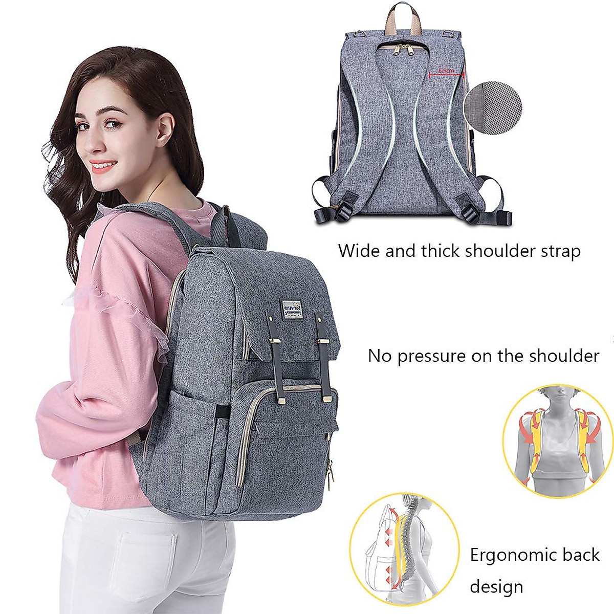 SUNVENO Baby Diaper Bag Backpack Nappy Changing Waterproof Function Organizer Large Stylish Mommy Bag Backpack (Gray)