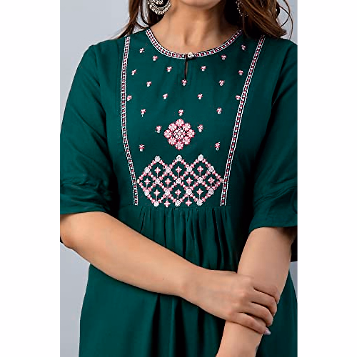 JG Rayon Maxican Embroidered Peasant Women's Anarkali Rayon Gown Kurta Flared Kurti For Women -(GREEN)