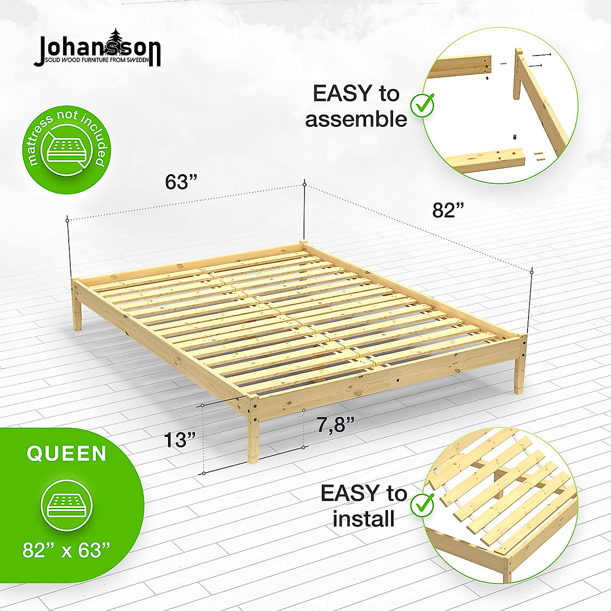 Queen Size Natural Solid Wood Platform Bed Frame Without Headboard — Foundation Bedframe | Easy Assembly Wooden Slats | No Box Spring Needed | Rustic Pine 60 x 80 — Springfield Collection