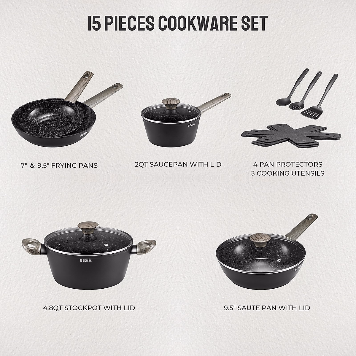 BEZIA Induction Cookware Set 15-Piece, Nonstick Pots and Pans Set, Non Stick Kitchen Cooking Cookware Set with Stay-Cool Bakelite Handle, Dishwasher Safe, Compatible with All Stoves, Black