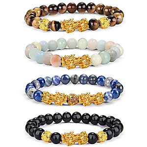 EIELO Feng Shui Pixiu Good Luck Bracelets for Men Women Natural Gemstone Healing Energy Obsidian Pi Yao Dragon Charm Beaded Bracelet Attach Wealth Money Jewelry 10MM