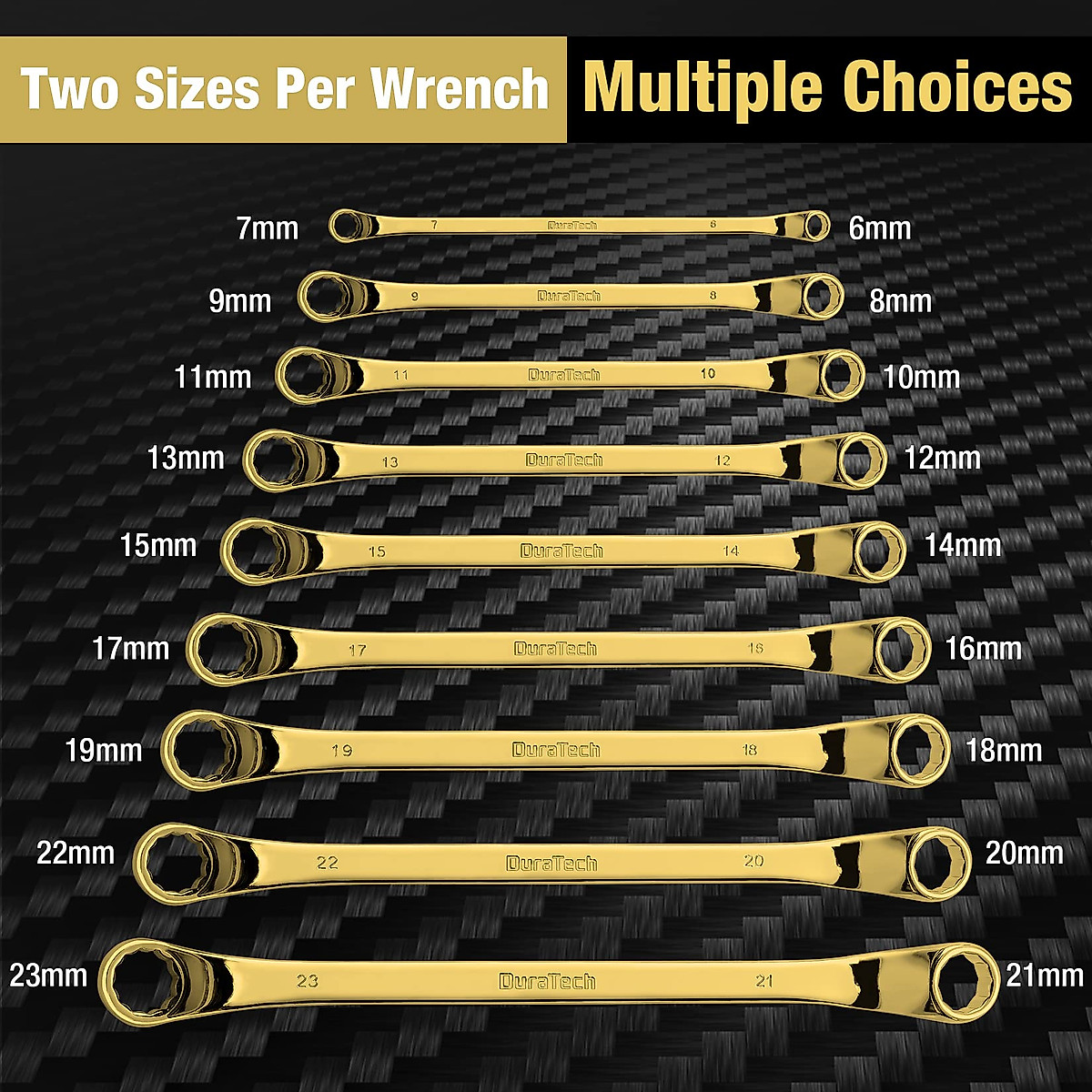 DURATECH Offset Box Wrench Set, Metric, 9-Piece, 6-23mm, 75-Degree, CR-V Steel, Titanium Plating with Pouch