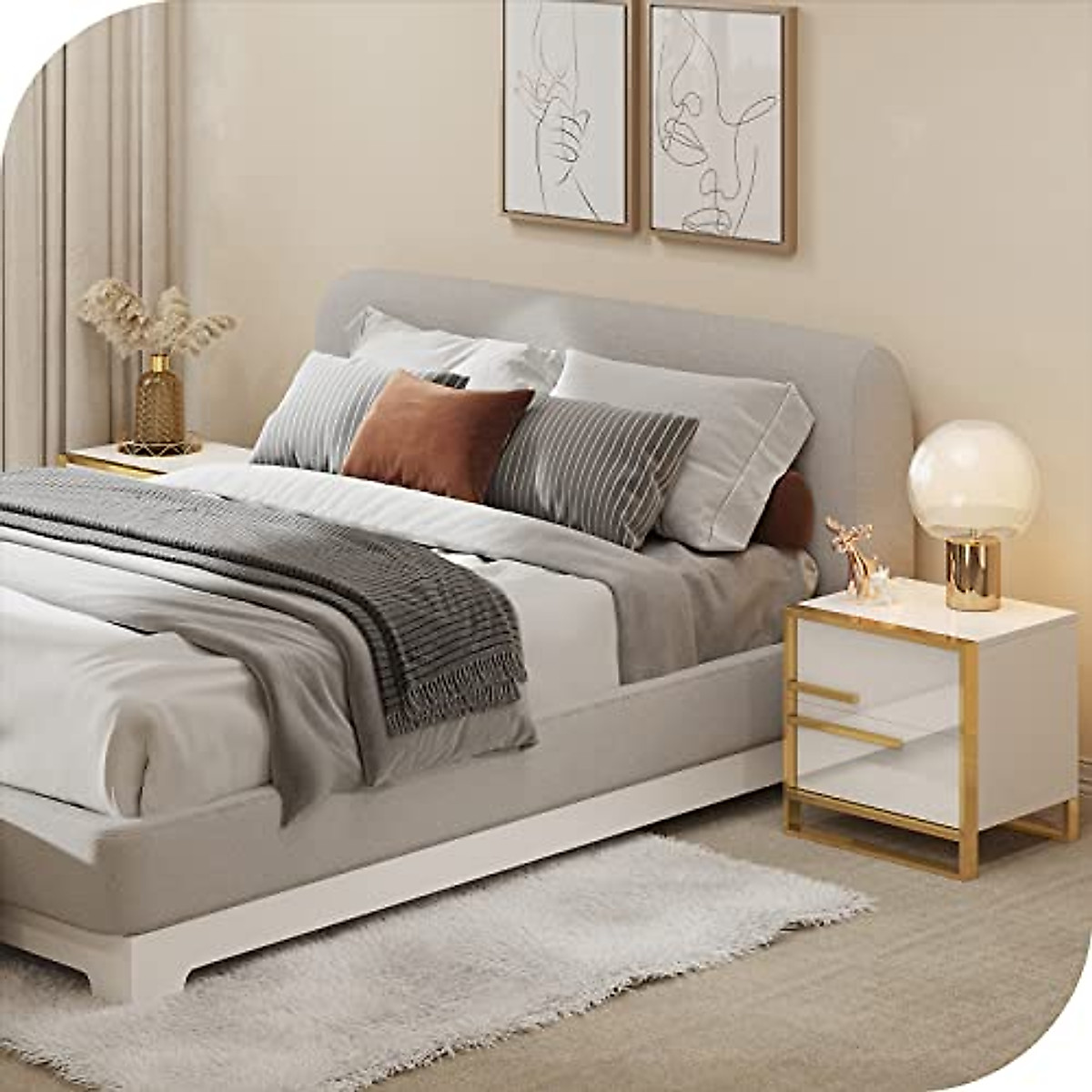 HERNEST Modern Nightstand Storage Cabinet with Solid Wood 2 Drawers Sofa Bedside End Table Glam Steel Frame Accent Furniture Without Assembly for Bedroom/Living Room/Salon/Office, Left White