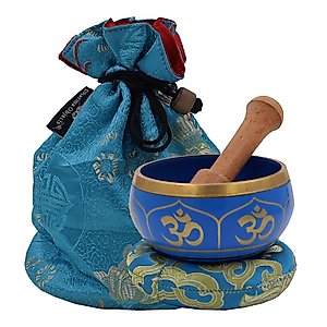 DharmaObjects ~ Tibetan OM Singing Bowl Set ~ With Mallet, Brocade Cushion & Carry Bag ~ For Meditation, Chakra Healing, Prayer, Yoga (OM, Turquoise)