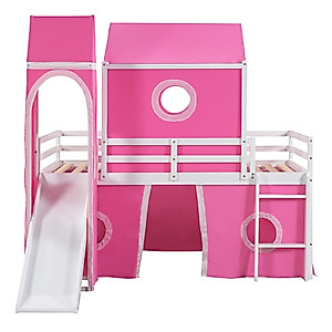 Harper & Bright Designs House Loft Bed with Slide and Tent, Twin Size Loft Bed with Small Pinnacle and Ladders, Wood Bunk Bed, Playhouse Bed Frame for Kids, Teens, Boys & Girls (Twin Size, Pink)