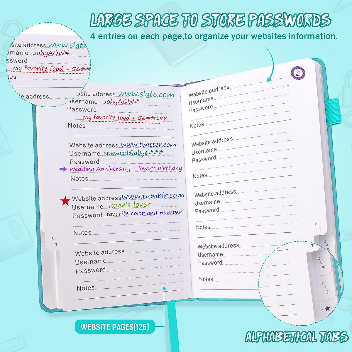 EPEWIZD Password Book with Alphabetical Tabs Hardcover Medium Size Password Book for Website Username Internet login Computer Address Password Organizer Keeper Logbook-Turquoise