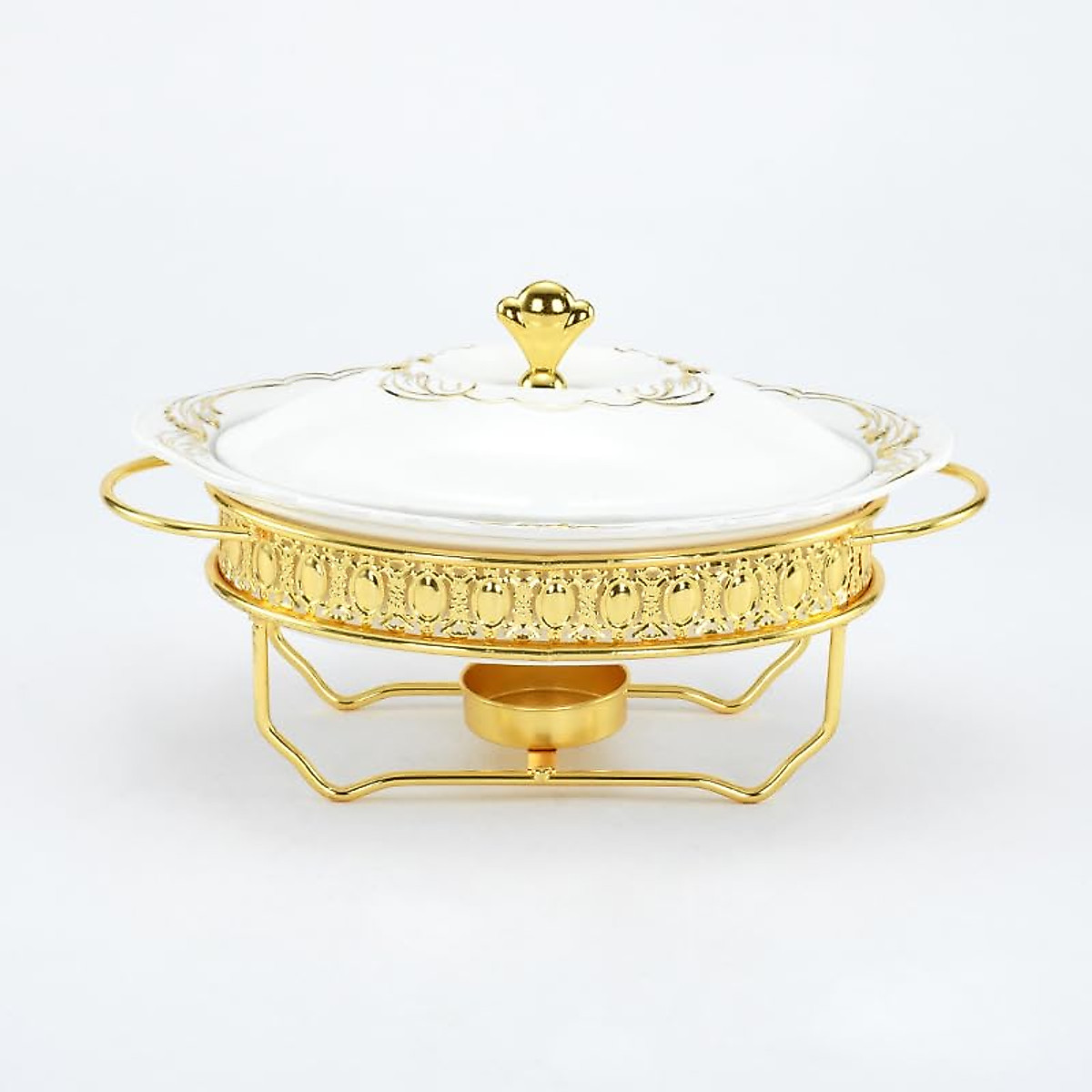 HONHPD 3 Piece Set Ceramics Oval Chafing Dish 1.0/1.5/2.0L Luxury an Crown Gold Food Warmer Set for Buffet Weddings, Parties, Banquets, Catering Events, Golden