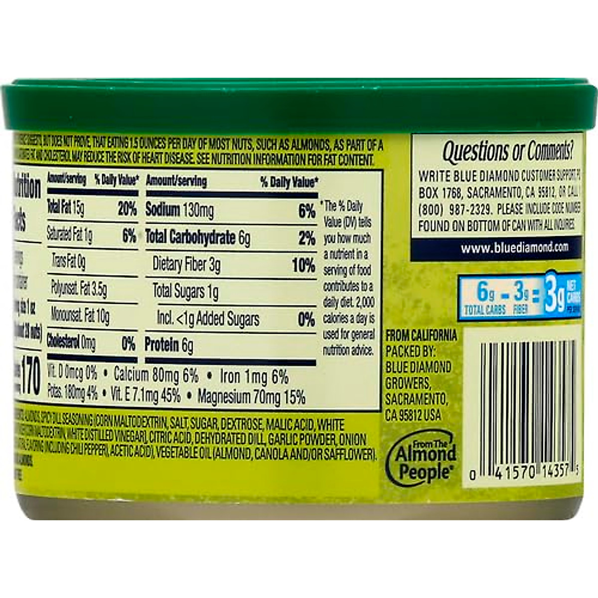 Blue Diamond Almonds Spicy Dill Pickle Flavored Snack Nuts, 6 Oz Resealable Can (Pack of 1)