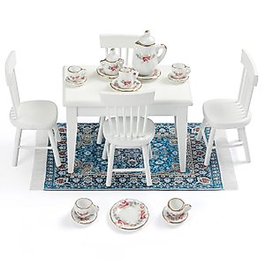 SAMCAMI Miniature Dollhouse Furniture 1 12 Scale - Doll House Furniture Toys for Dollhouse Kitchen - Wooden Dollhouse Furniture Set Incl Dining Table with Chairs, Tea Set, Carpet (White)