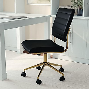 Martha Stewart Ivy Armless Swivel Task Chair for Home Office in Black Faux Leather with Polished Brass Frame