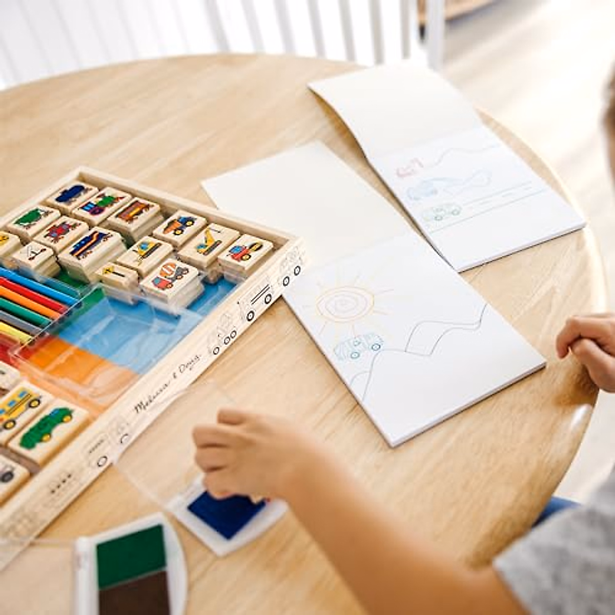 Melissa & Doug Deluxe Wooden Stamp and Coloring Set – Vehicles (30 Stamps, 6 Markers, 2 Durable 2-Color Stamp Pads)