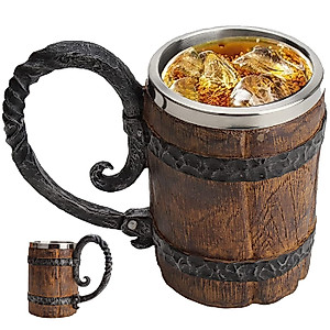 Wooden Beer Mug Beer Barrel, Large Viking Cup Wood Style Beer Mug Tankard with Handle, Antique gifts for Men Bar Restaurant Vintage Bar Accessories(18.60oz/550ml)