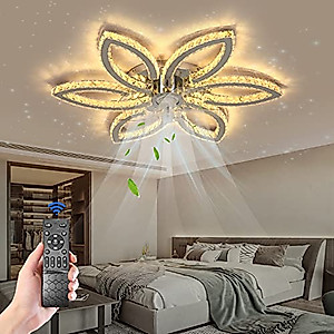 BOMIFANL Crystal Ceiling Fans with Lights,34" bladeless Ceiling Fan with Light,6-Speed Low Profile Ceiling Fan, Dimmable LED Fan Chandelier for Living Room Bedroom