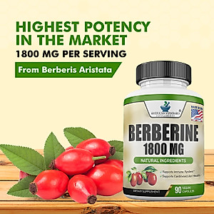 Berberine 1800mg Per Serving, Berberine Supplement, Berberine HCL, Berberine Pills, Berberine Capsules, Cardiovascular & Heart Health, Immune Support, 90 Veggie Capsules