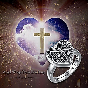 Sterling Silver Angel Wings Cross Urn Heart Cremation Rings for Ashes for Women Religious Memorial Keepsake Ring Holds Loved Ones Ashes Memorial Jewelry Gifts for Women Size 7