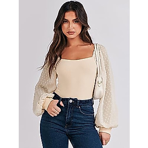 ANRABESS Rompers for Women Sheer Swiss Dot Puff Sleeve Square Neck Bodysuit Fall Casual Long Sleeve Dressy Leotard Top 1071xingse-L