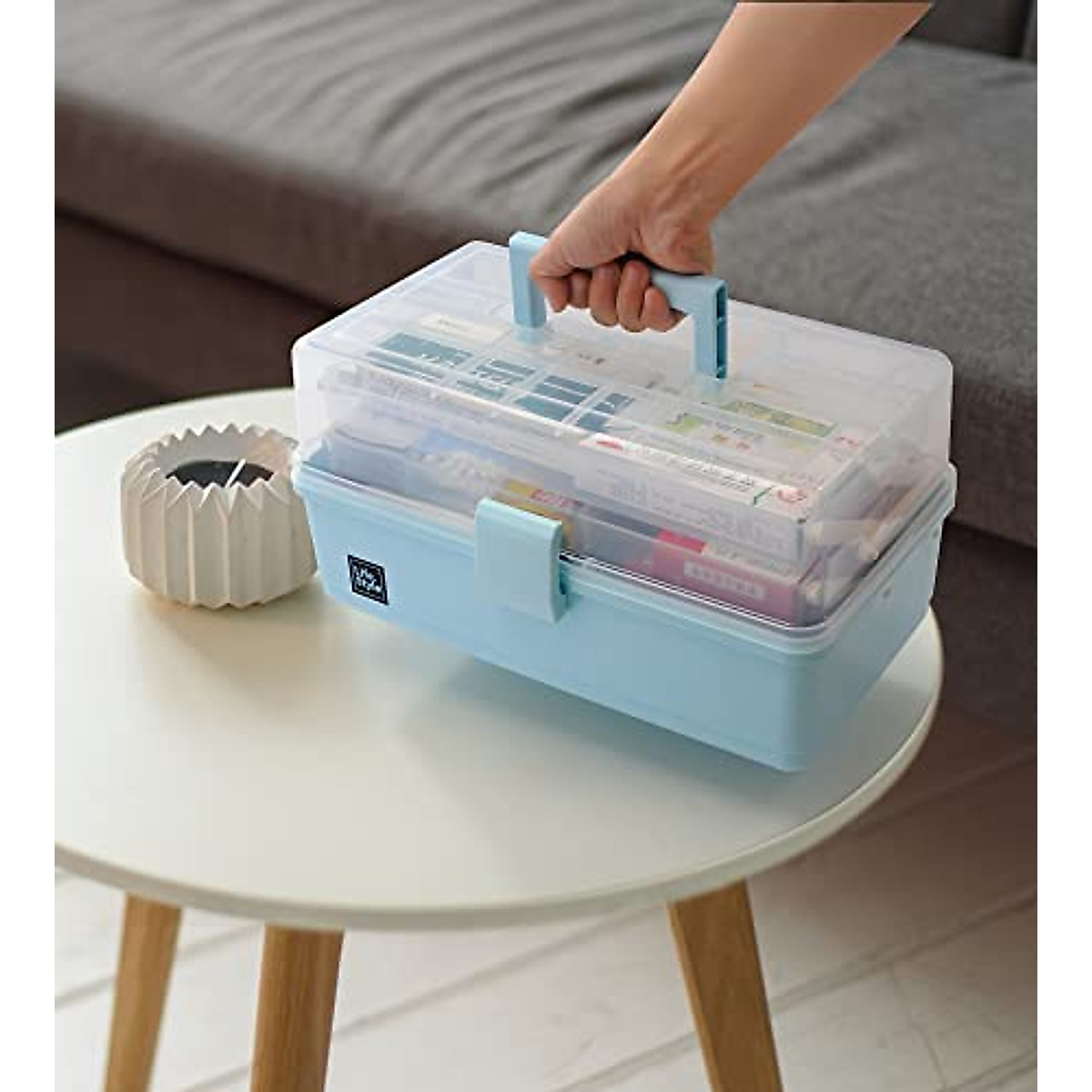 3 Layers Plastic Portable Storage Box, Multipurpose Organizer and Storage Case for Art Craft and Cosmetic, Portable Handled Storage Box for Home, School, Office, First Aids (Blue)