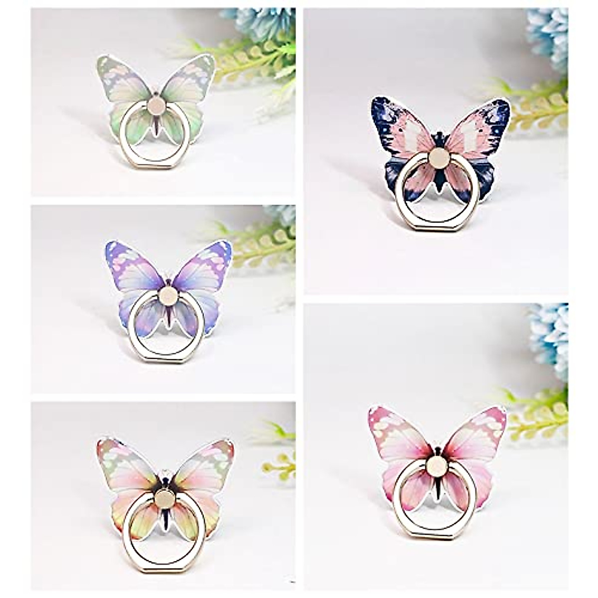 Ralcosuss Cute Butterfly Phone Ring Finger Holders, Cell Phone Ring Stands Mount Smartphone Kickstand for Desk 360 Degree Rotation(5Packs)