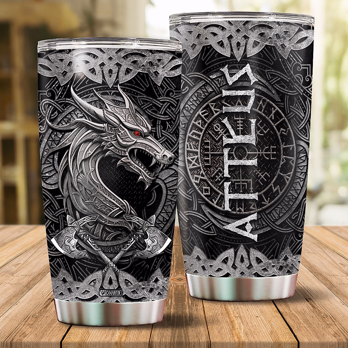 WONWIX Personalized Dragon Viking Tumbler Gifts for Men Dad Husband Friends Dragon Lovers Insulated Stainless Steel 20oz With Lid Travel Cup Coffee Mug Water Bottle Gift