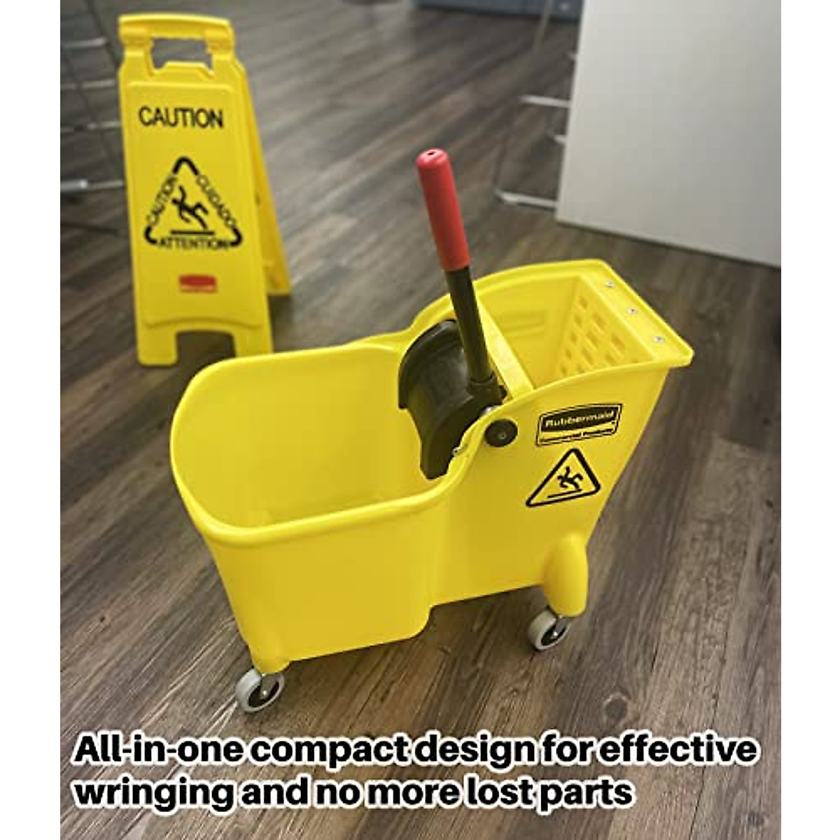 Rubbermaid Commercial Products, Mop Bucket with Wringer on Wheels, Heavy Duty All-in-One Tandem Mopping Bucket, Yellow, 31 Quart (FG738000YEL)