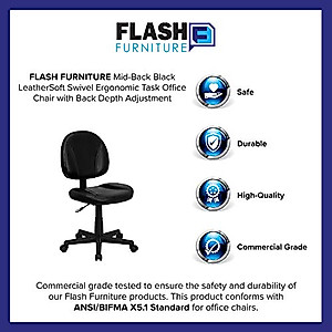 Flash Furniture Ronald Mid-Back Black LeatherSoft Swivel Ergonomic Task Office Chair with Back Depth Adjustment