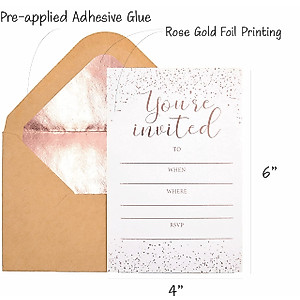 Chriz.Z Invitation Cards - 24-Count 4" x 6" White Invitation Cards ‘’You Are Invited’’ in Rose Gold Foil with 26 Foil Kraft Envelopes – For Wedding, Bridal Shower, Baby Shower, Birthday