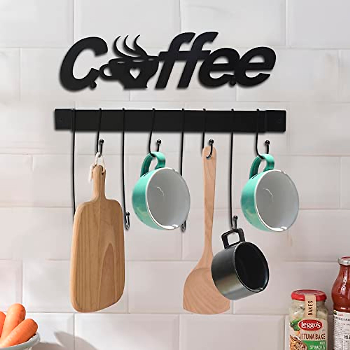 Coffee Mug Holder Wall Mount with 8 Hooks for Cup Organizer and with Extra Metal Coffee Sign for Decor Your Wall Home, Kitchen, Coffee Bar, 2 in 1 Meet Your Need