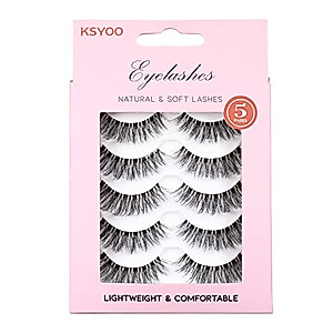 KSYOO D Curl 12-20mm Long Fluffy Mink Lashes, Clear Band Faux Mink Dramatic Curl Lashes that Look Like Lash Extension,Big Wispy Thick Volume strips lashes-5 Pairs (Clear Band V2)