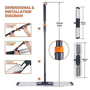 Dust Mop for Hardwood Floors 36" Commercial Industrial Cotton Floor Dust Mop with Extra 3 Mop Refill Pads 61 Inch Long Handle for Cleaning Office Garage Hardwood Warehouse Factory Mall Deck
