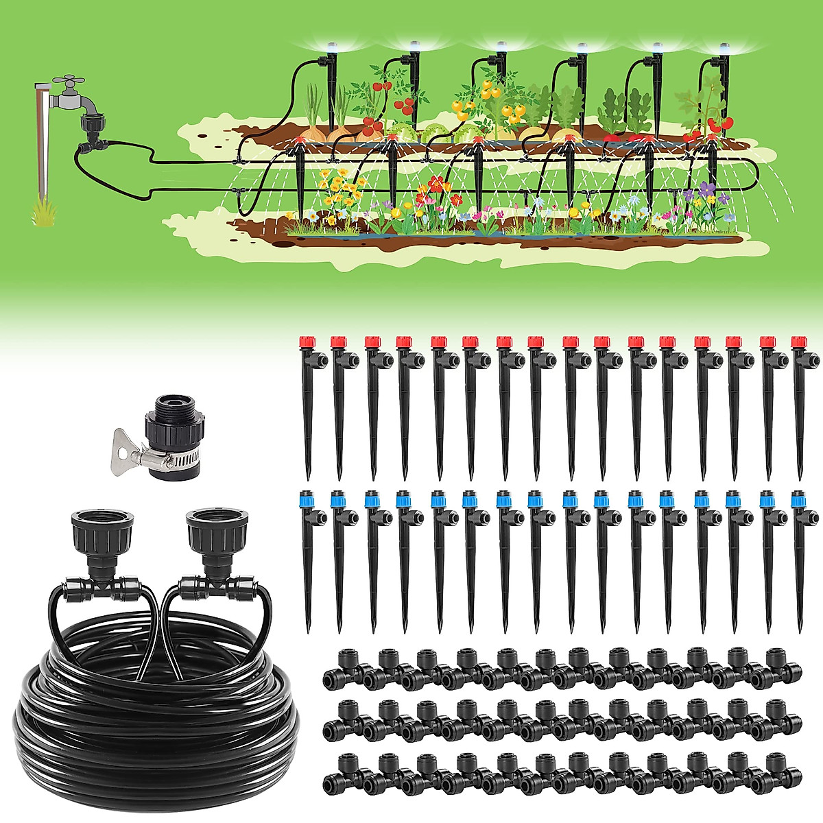 MIXC Easy-Connect Drip Irrigation Kit, 100FT Garden Micro Automatic Irrigation System Patio Misting Plant Watering System with 1/4" Blank Distribution Tubing Adjustable Nozzle Emitters Sprinkler