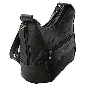 Marshal Women's Genuine Leather Purse Adjustable Strap Mid Size Multi Pocket Shoulder Bag (Black)