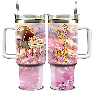 WAZONE Personalized Piano Tumbler With Name Tumbler 40oz with Handle and Straw Stainless Steel Double Wall Vacuum Customized Christmas Birthday Gifts for Music Lovers Teachers Pianist