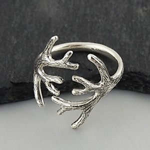 FashionJunkie4Life Sterling Silver Adjustable Textured Antler Ring, One Size, Deer Elk Moose Hunting