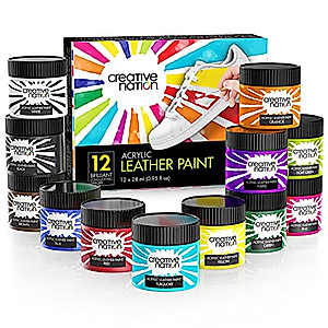 Creative Nation 12-Pack Leather Paint for Sneakers & Leather Accessories - Premium Acrylic Shoe Paint Kit for Bags, Purses & More - Waterproof, Flexible, Long-Lasting Paints, 0.95 Oz.