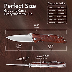 Vickay Pocket Knife for Men, Folding Knives 8Cr13MoV 2.95" Steel Blade, Wood Handle, Line Lock Knife with Clip, EDC Knife Ideal for Outdoor Camping, Fishing, Hunting, Tactical Gift (Brown)
