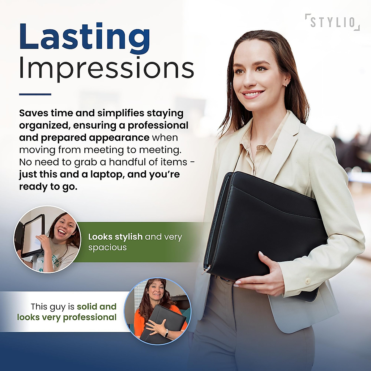 STYLIO Zippered Padfolio Portfolio Binder, Faux Leather Organizer. Interview Resume Document Holder. Organizer for iPad/Tablet (up to 10.5"), Phone & Business Cards. Data Case w/ Letter-Sized Notepad