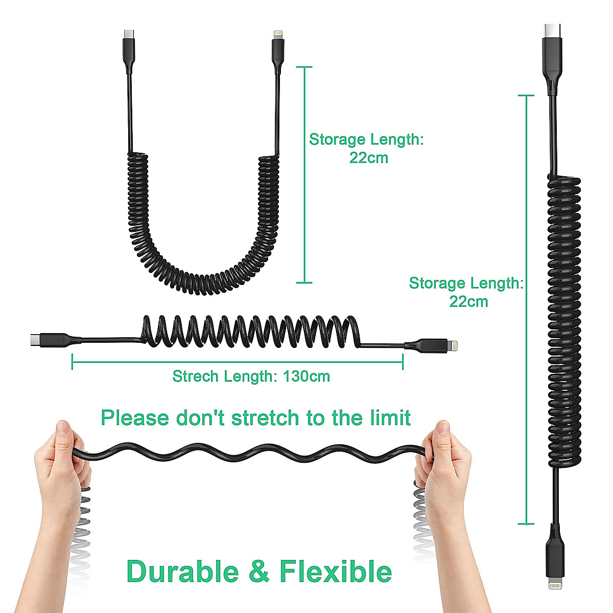 Arkidyn Coiled USB-C to Lightning Cable, MFi Certified Retractable USB C iPhone Charger Cord Charging Cable Compatible with iPhone 14 13 12 11 Pro Max XR XS X 8 7 6 Plus 5 SE