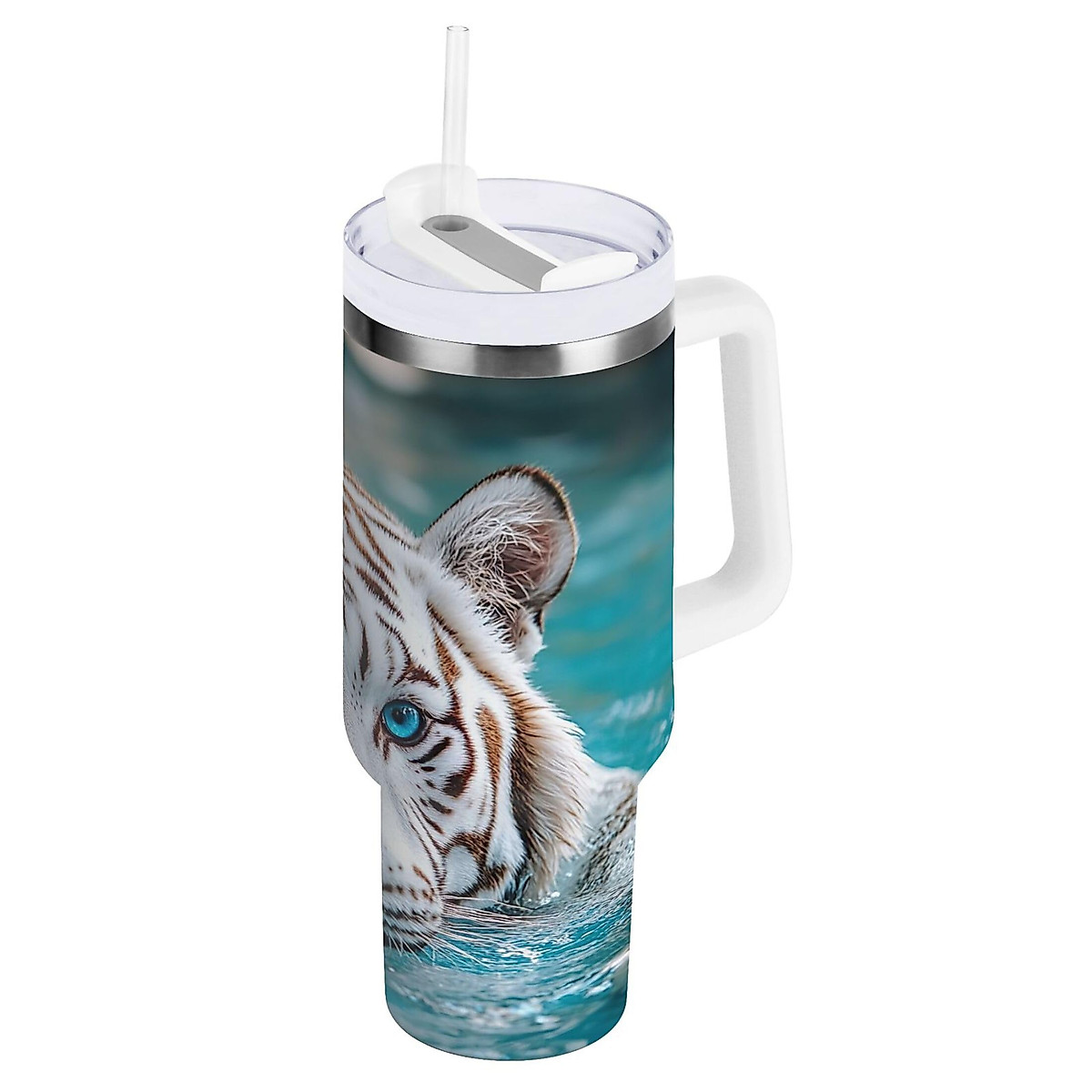xigua 40 oz White Tiger Tumbler with Handle and Straw Lid, Stainless Steel Vacuum Insulated Sports Water Bottle, Keeps Cold or Hot Coffee Cup Travel Mug
